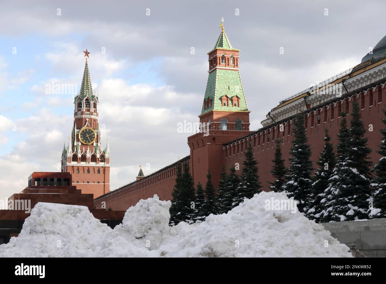 Red Square and Kremlin towers in Moscow covered with large high snow ...