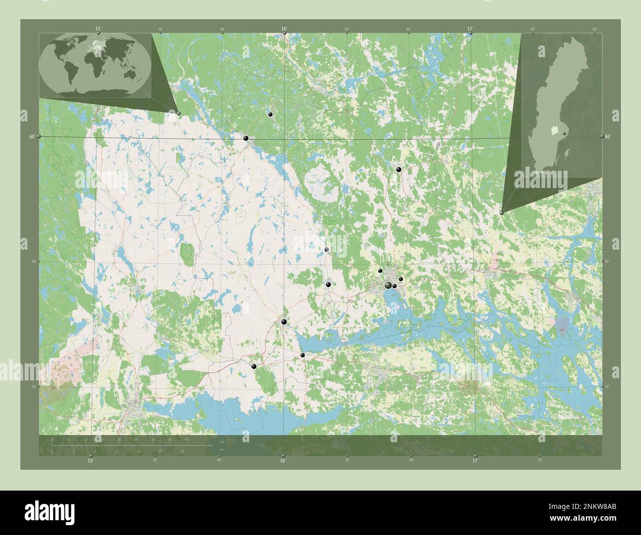 Vastmanland, county of Sweden. Open Street Map. Locations of major ...