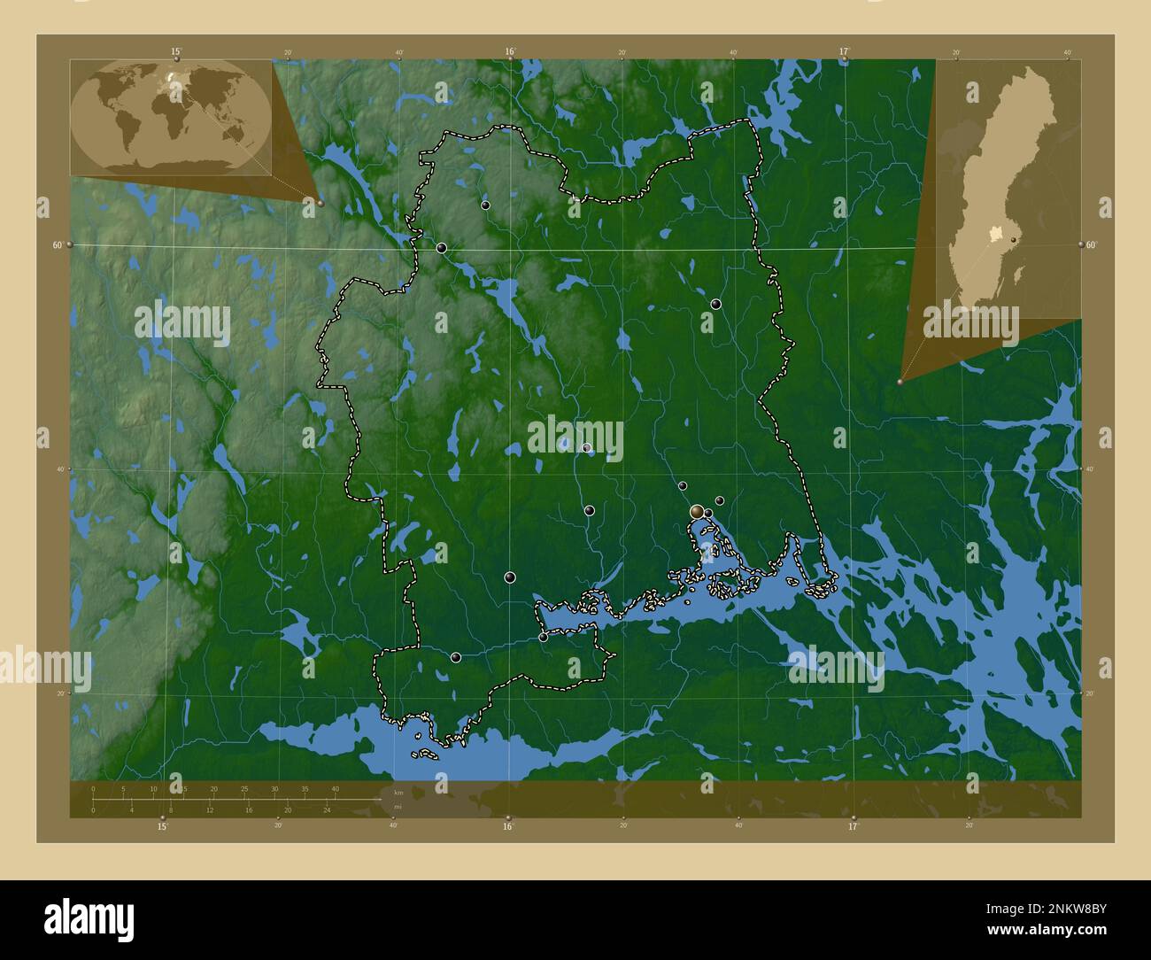 Vastmanland, county of Sweden. Colored elevation map with lakes and ...