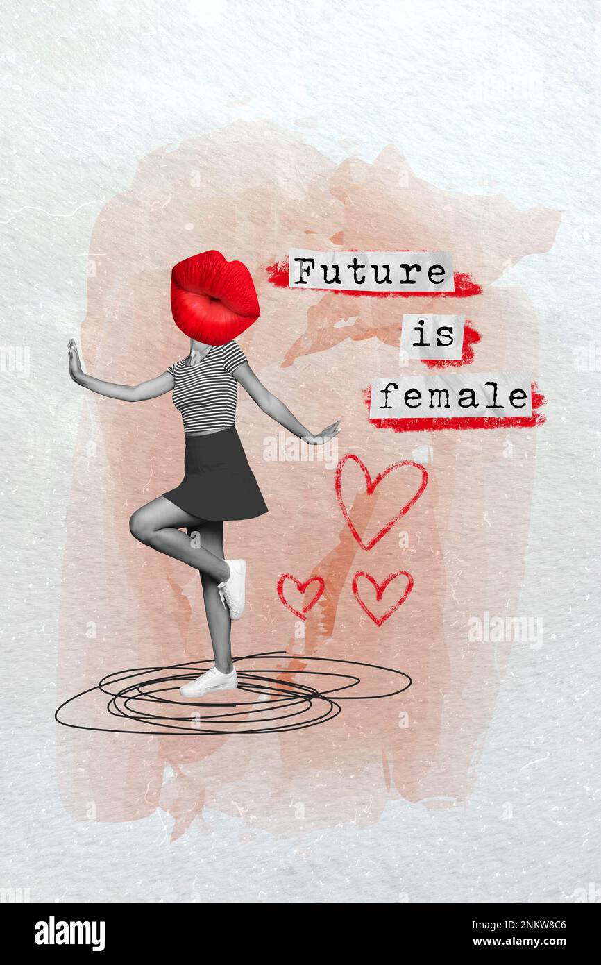 Drawing picture collage of lady activist with red mouth lipstick face ...