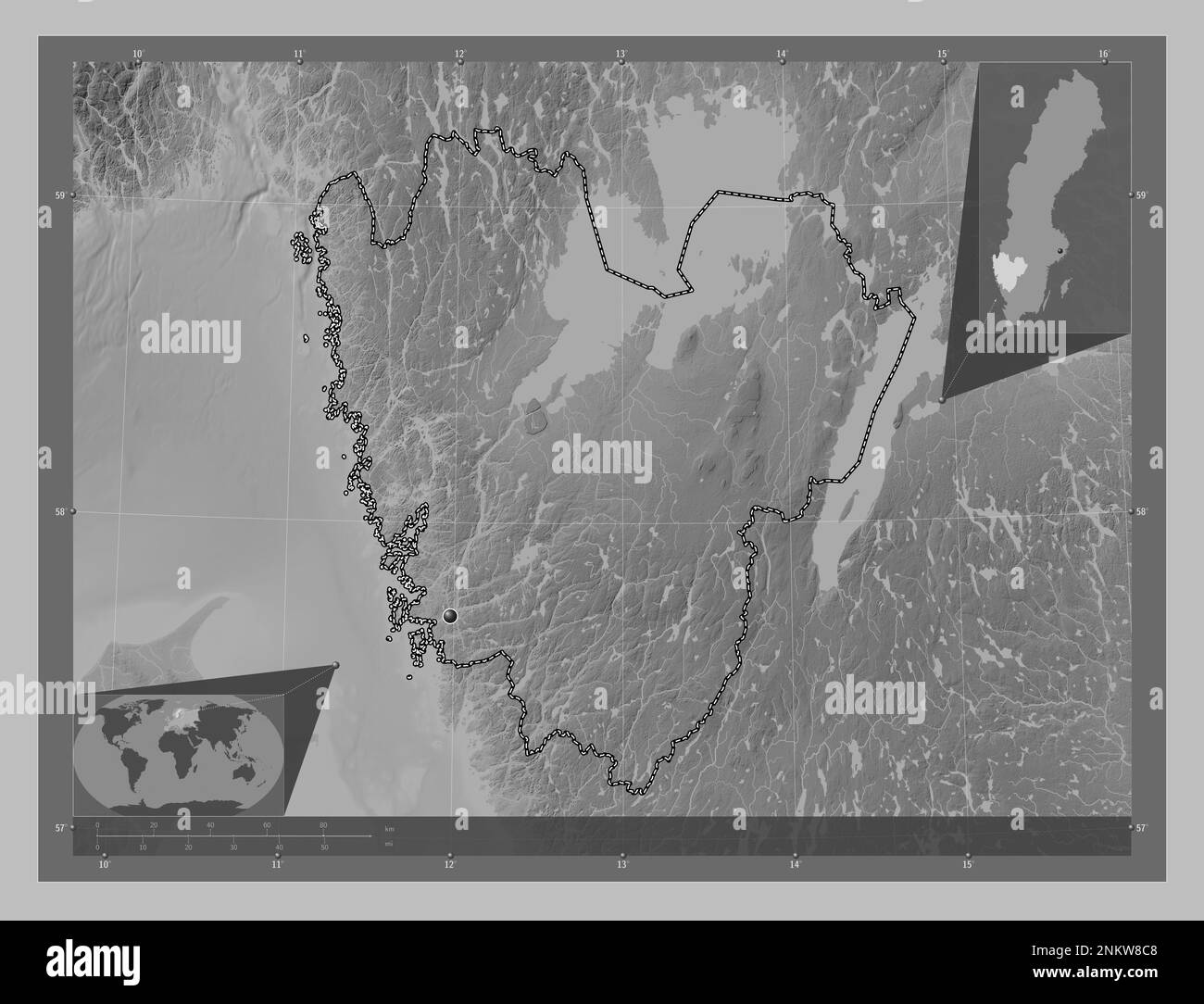 Vastra Gotaland, county of Sweden. Grayscale elevation map with lakes ...
