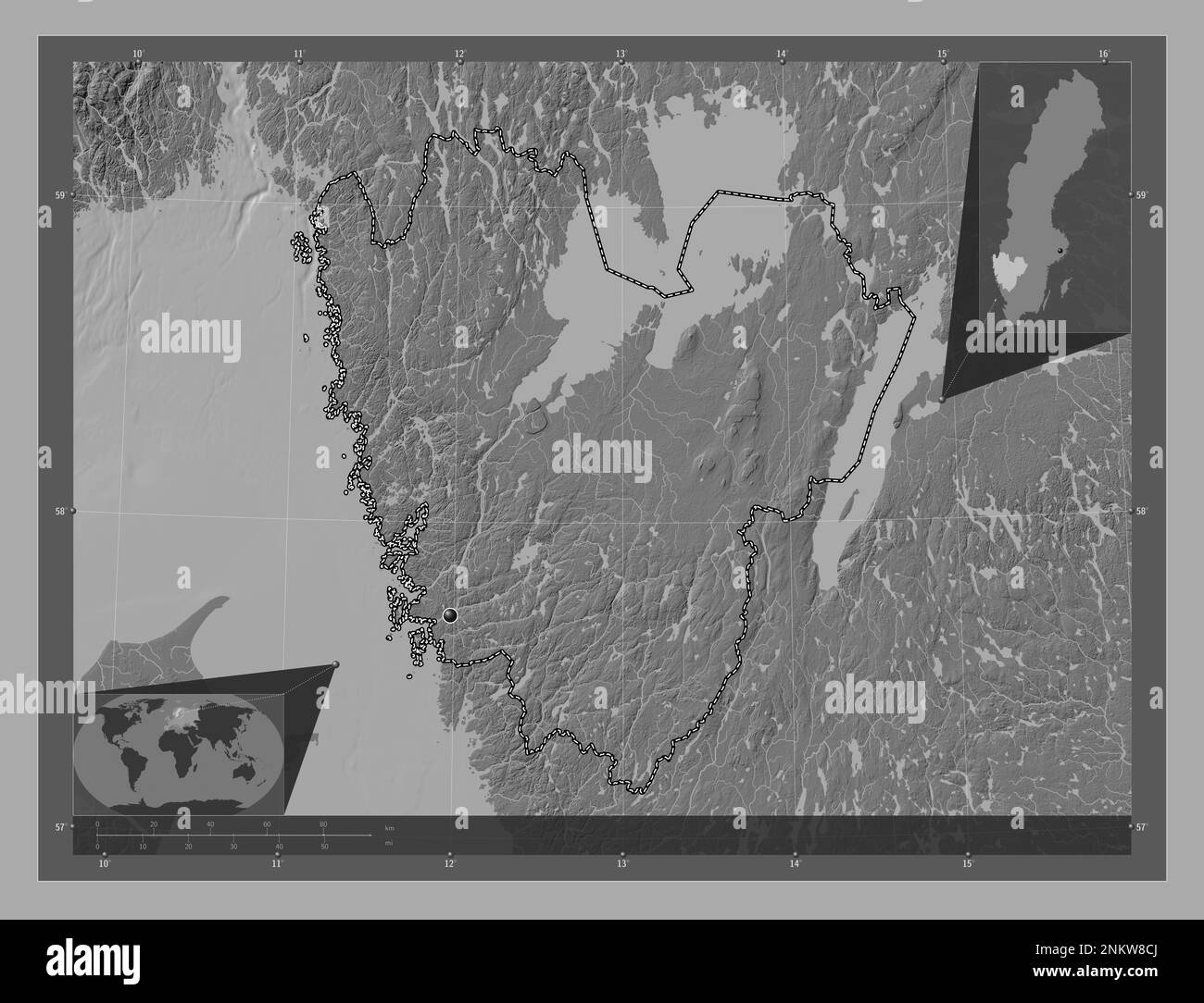 Vastra Gotaland, county of Sweden. Bilevel elevation map with lakes and ...