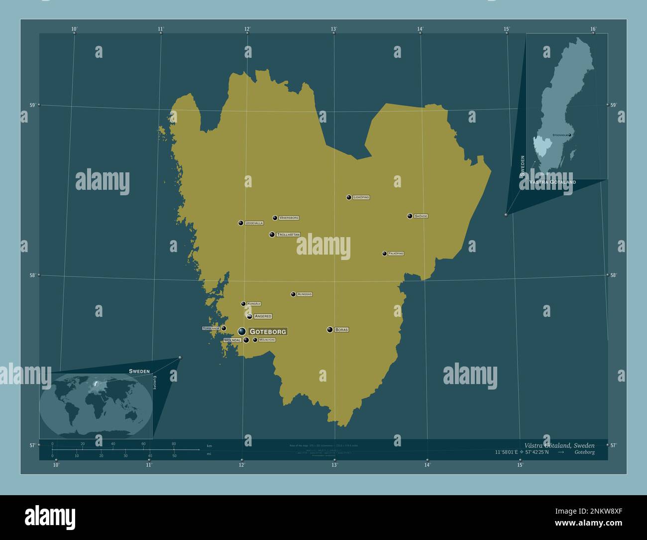Vastra Gotaland, county of Sweden. Solid color shape. Locations and ...