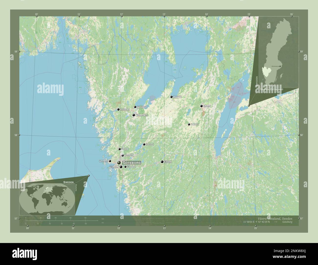 Vastra Gotaland, county of Sweden. Open Street Map. Locations and names ...