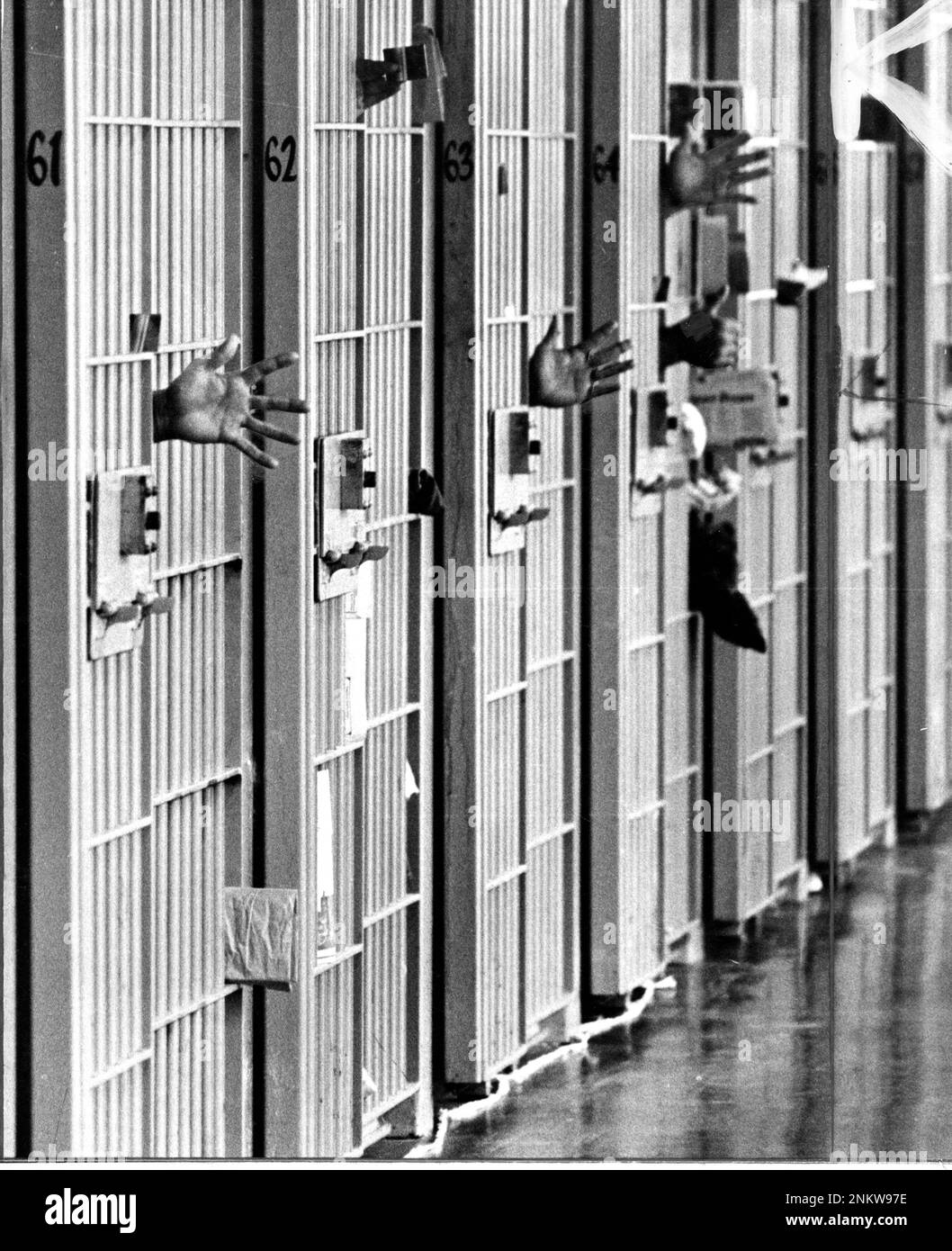 San Quentin State Prison Interior of cell block prisoners stick their ...