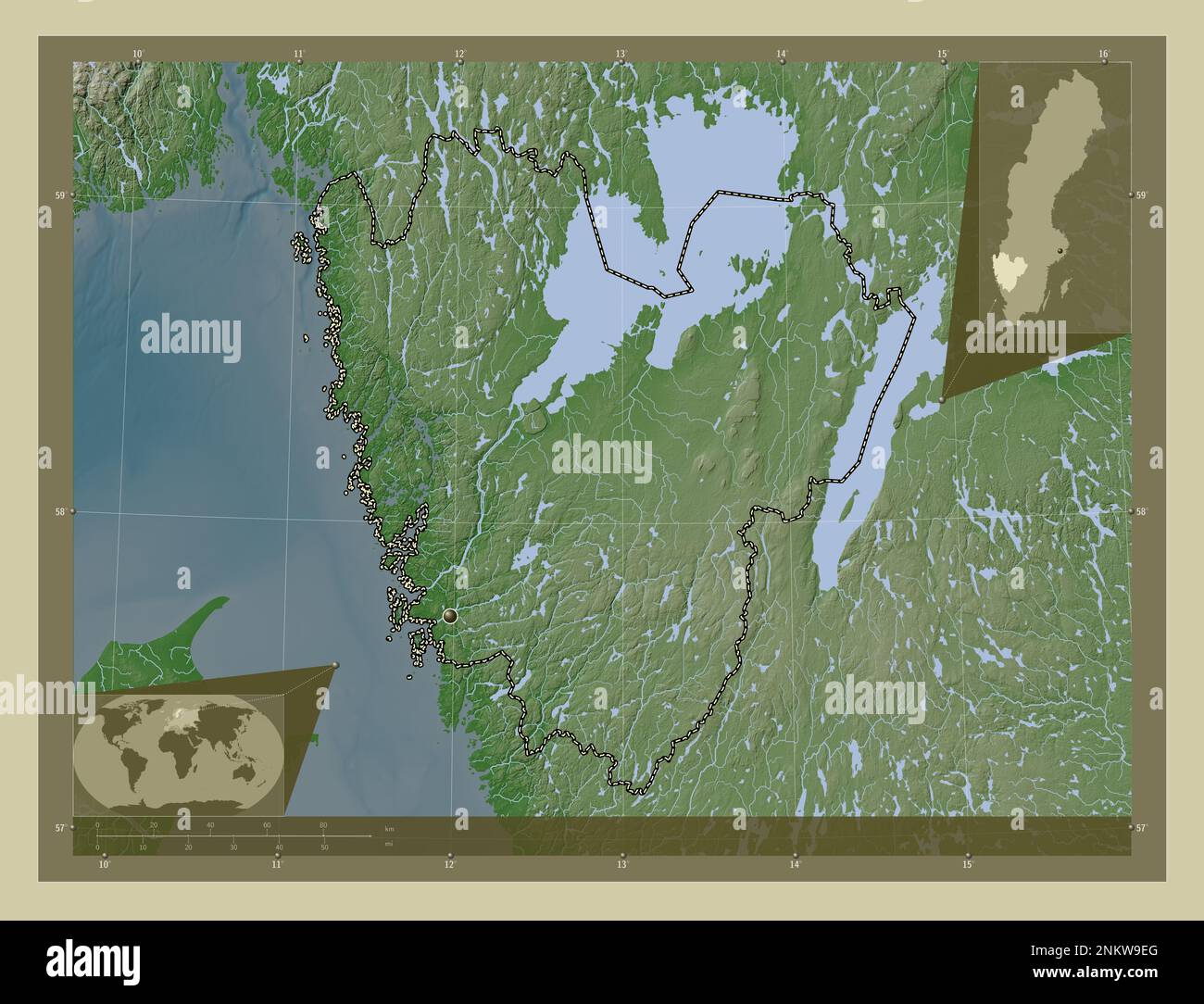 Vastra Gotaland, county of Sweden. Elevation map colored in wiki style ...