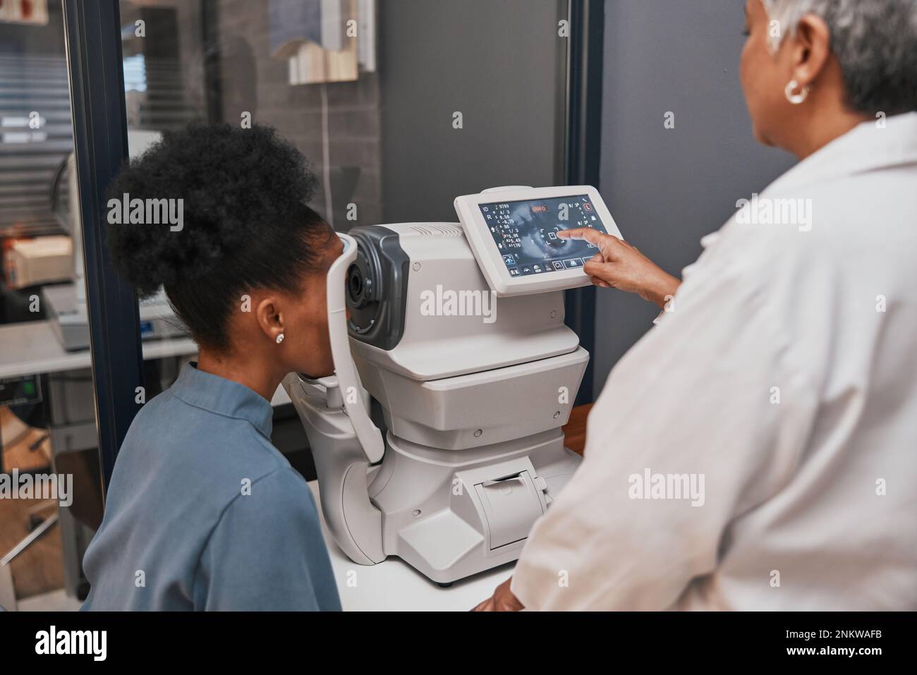 Digital eye test, vision and health for eyes, optometry and doctor with ...