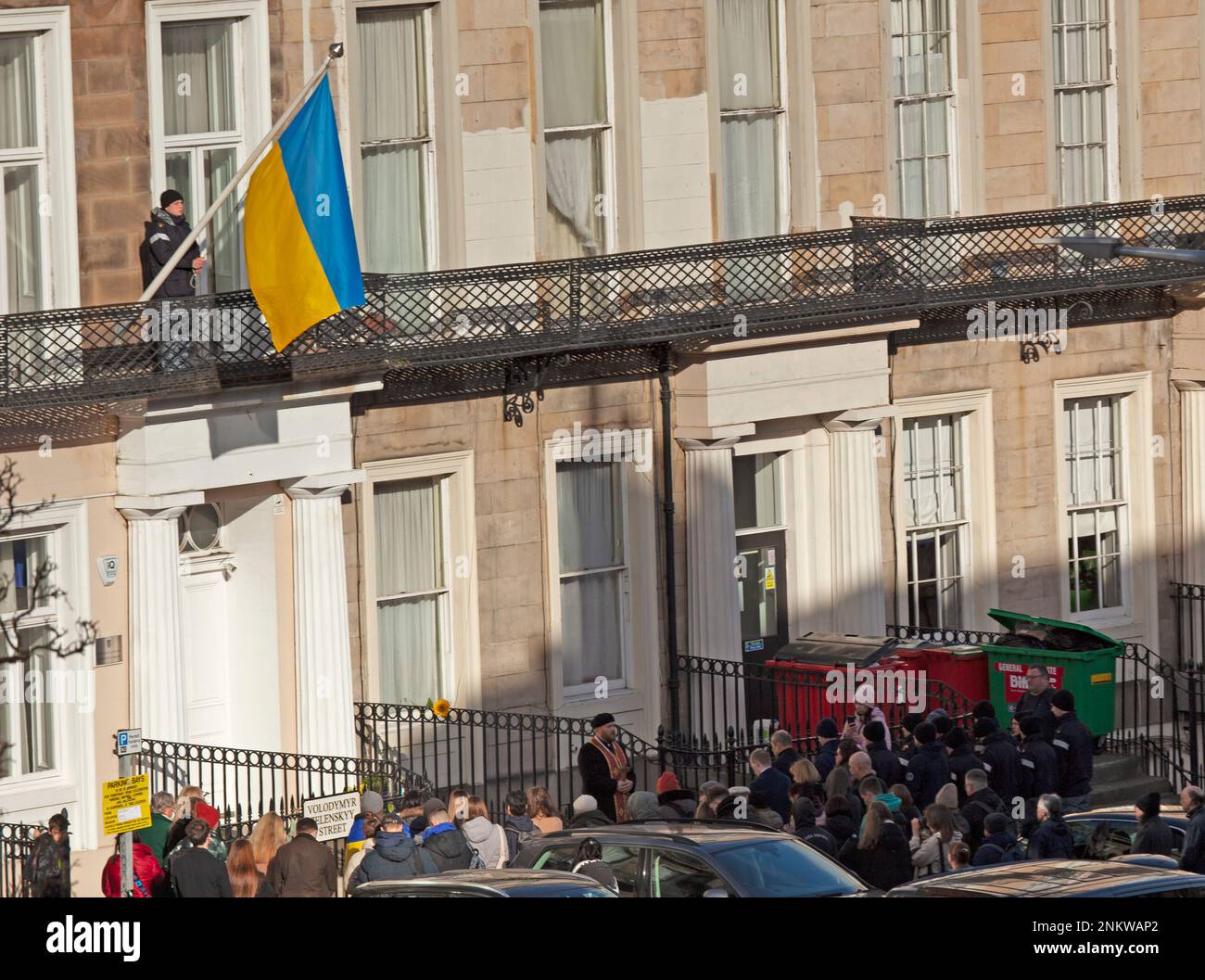 Ukrainian Consulate, Edinburgh, Scotland, UK. 24 February 2023. A small ...