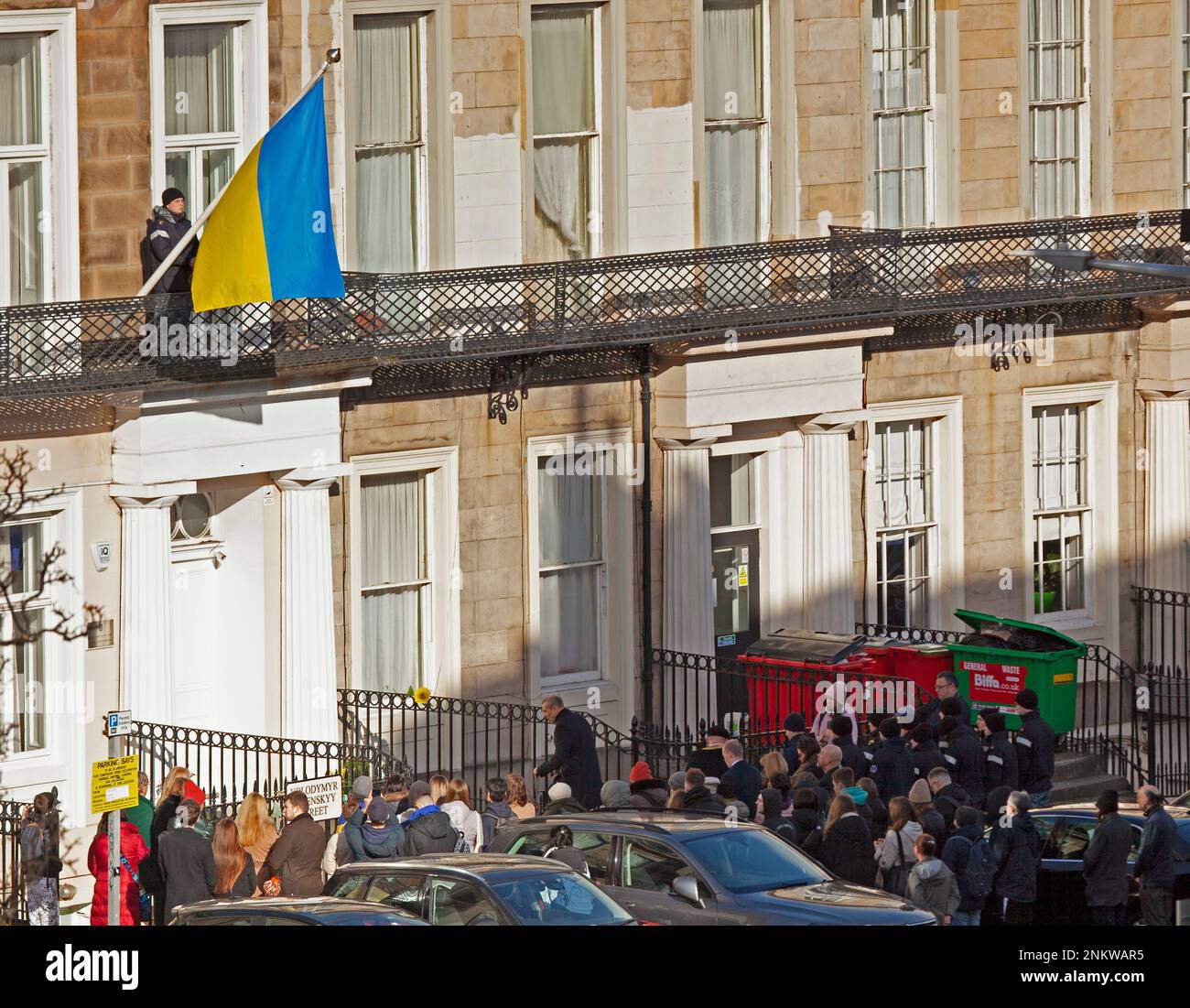 Ukrainian Consulate, Edinburgh, Scotland, UK. 24 February 2023. A small crowd gathers to mark ...