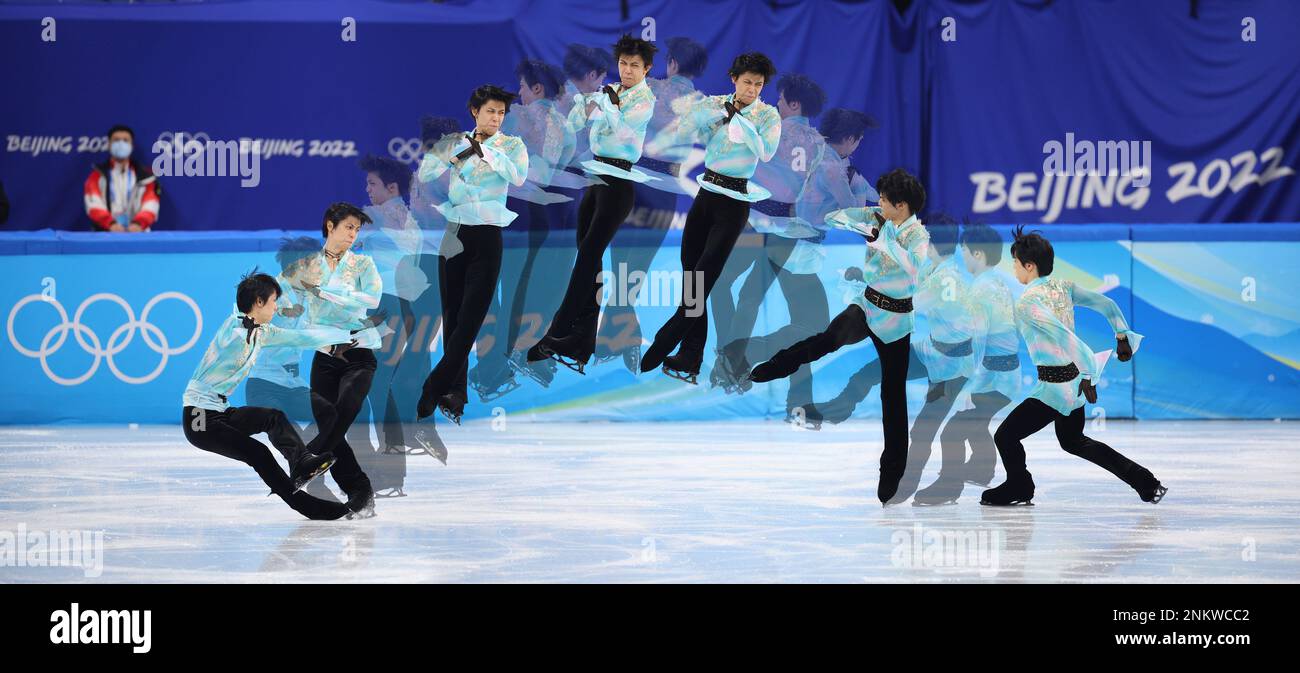 A composite photo shows Yuzuru Hanyu of Japan challenging the quadruple ...