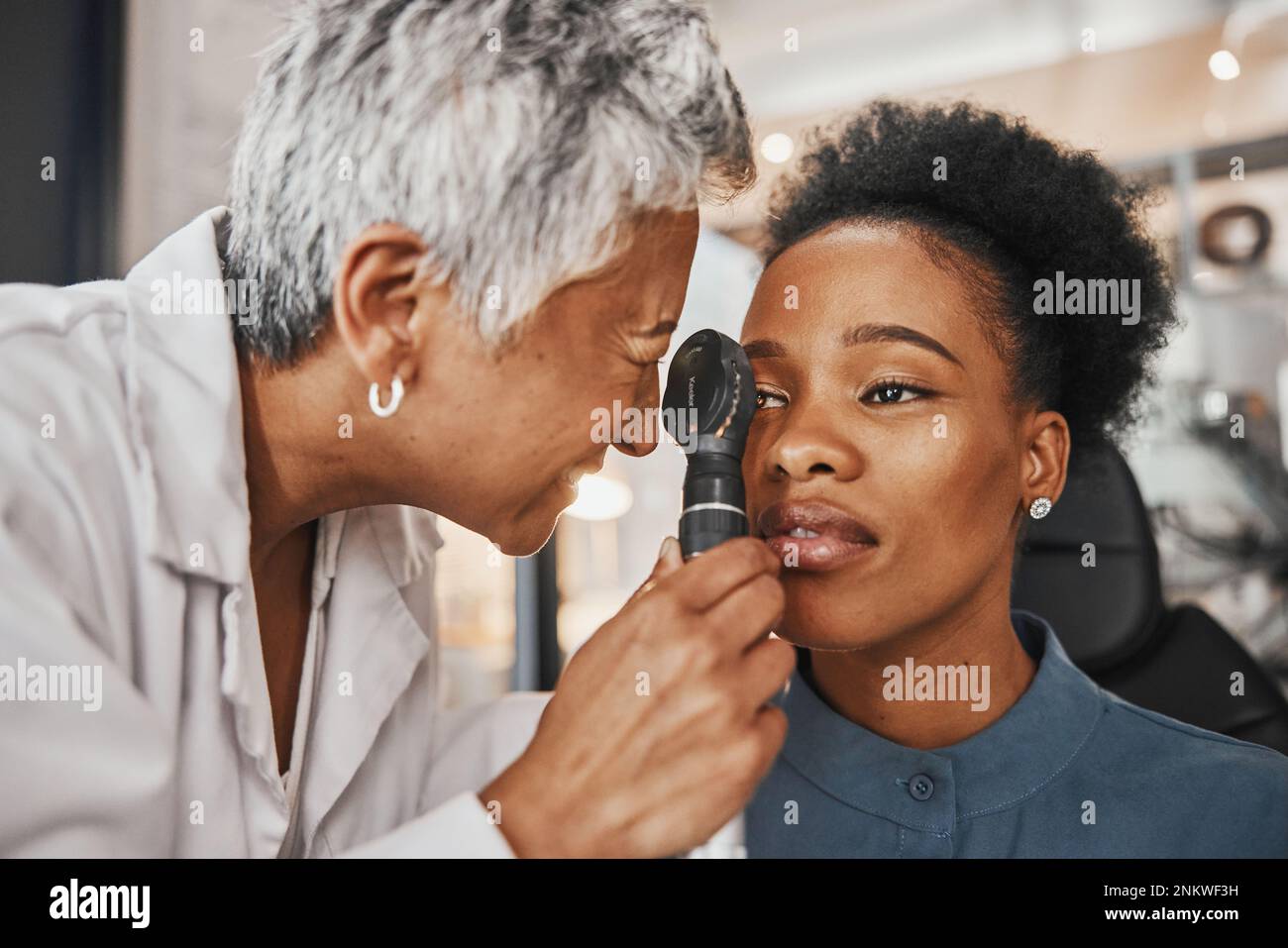 Doctor, vision or black woman in eye exam assessment consultation for ...