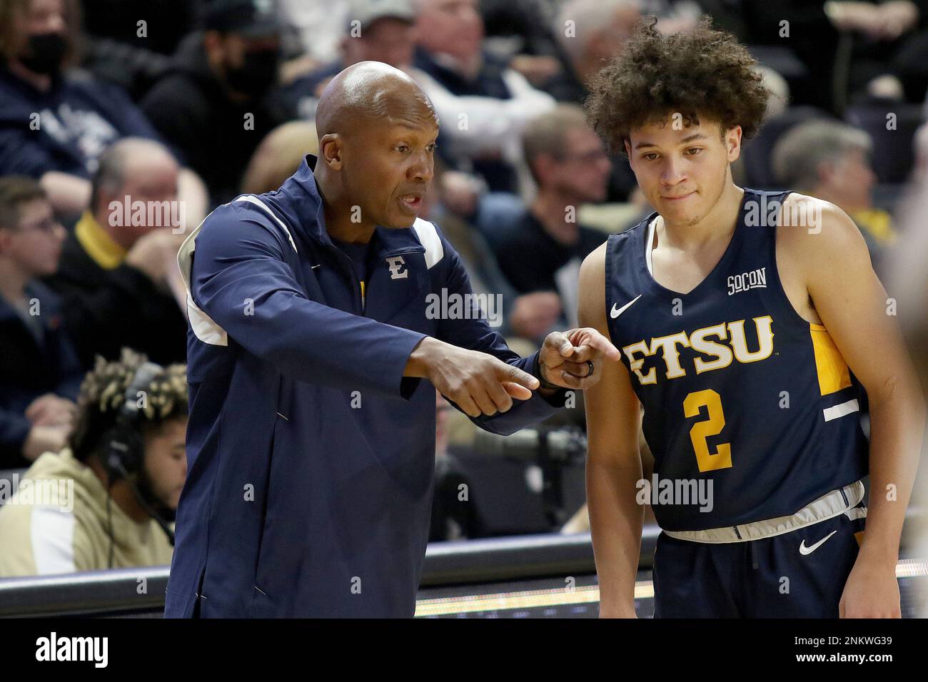 SPARTANBURG,SC - FEBRUARY 05: ETSU head coach Desmond Oliver talks to ...