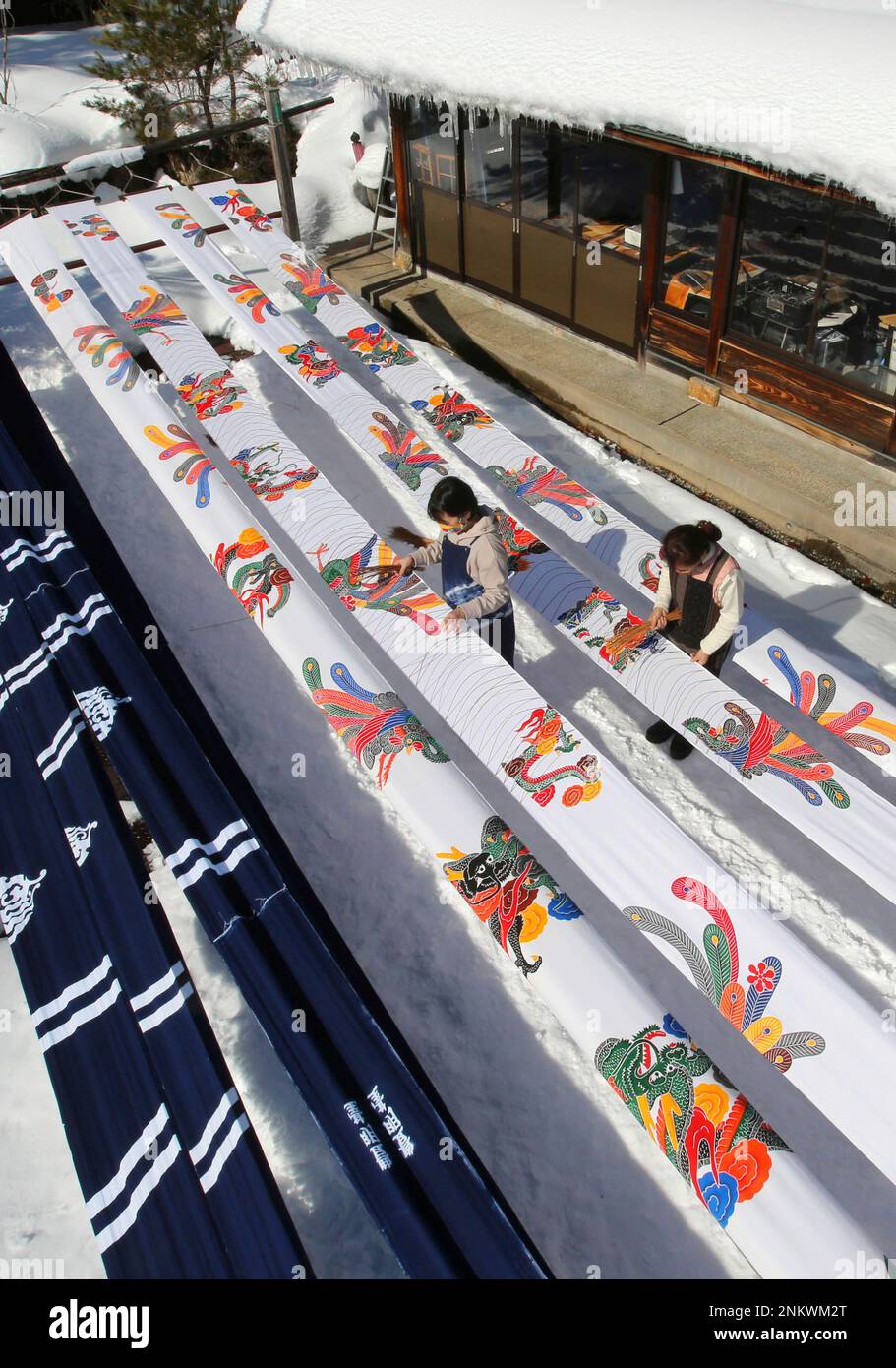 Artizan dye and air textiles on the snow in Takayama, Gifu Prefecture ...