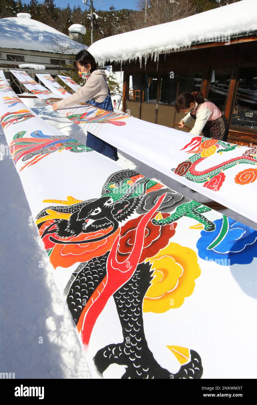 Artizan dye and air textiles on the snow in Takayama, Gifu Prefecture ...