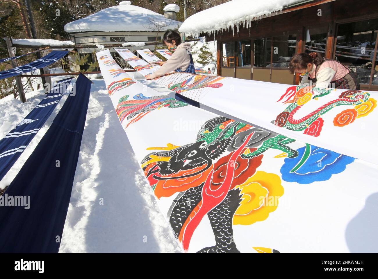 Artizan dye and air textiles on the snow in Takayama, Gifu Prefecture ...