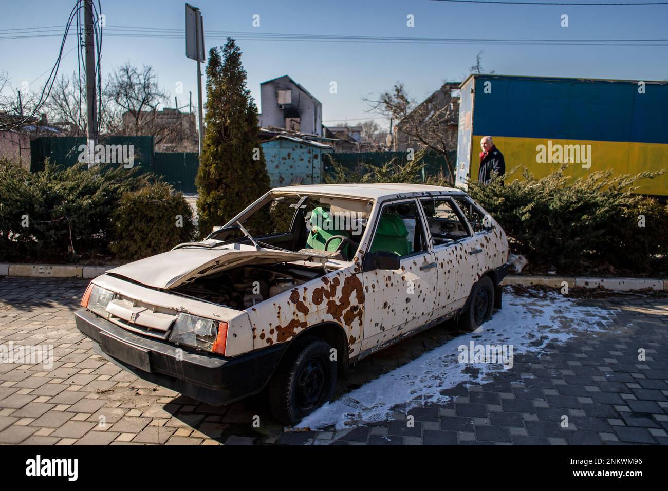 Shot up car during the Russian invasion in the town of Irpin, pictured ...