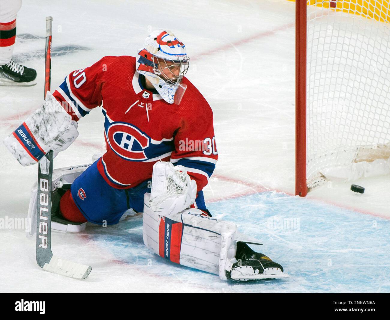 Montreal Canadiens goaltender Cayden Primeau is scored on by New Jersey ...