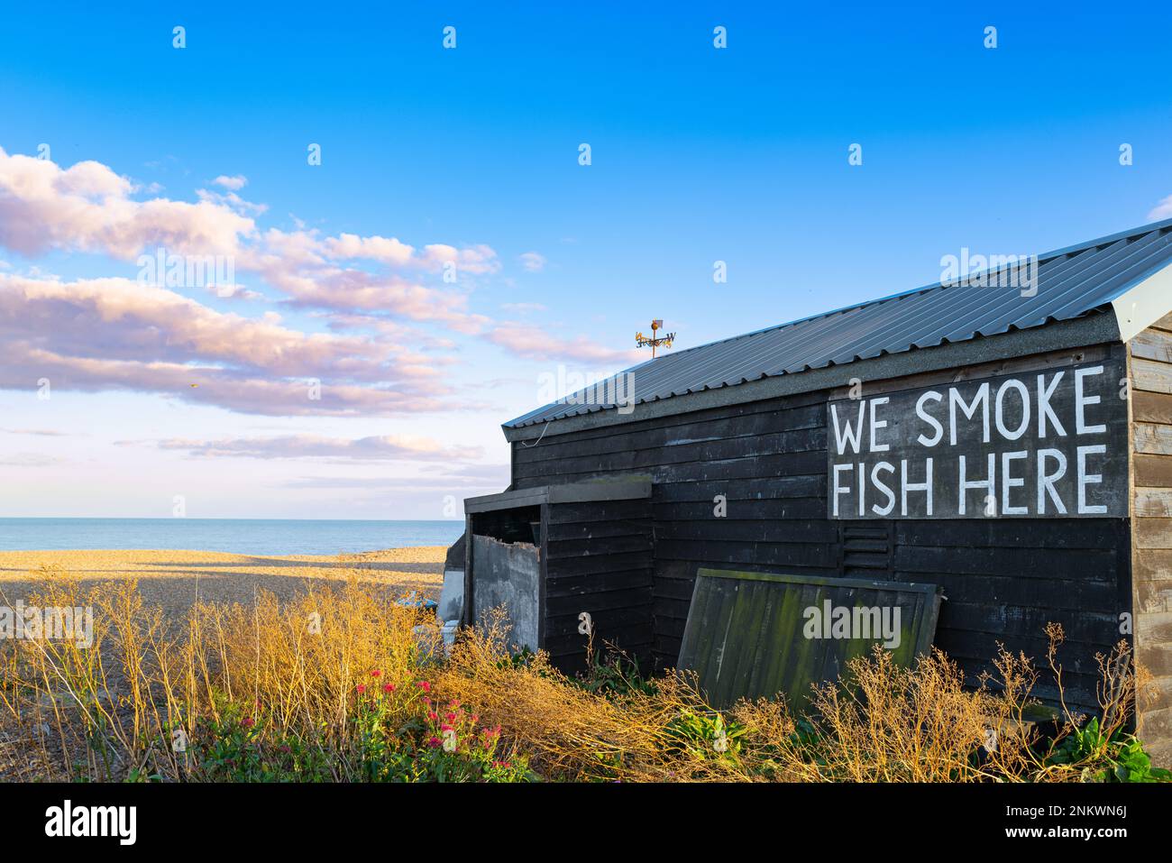 Old kipper smoking shed seen on the Suffolk coast during late summer ...