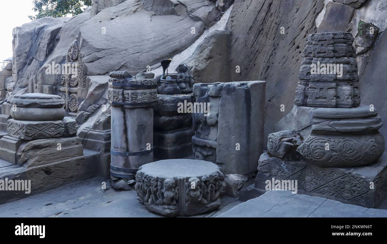Fallen and broken Carvings of Rock Cut Temple, Masroor Rock Cut Temple ...