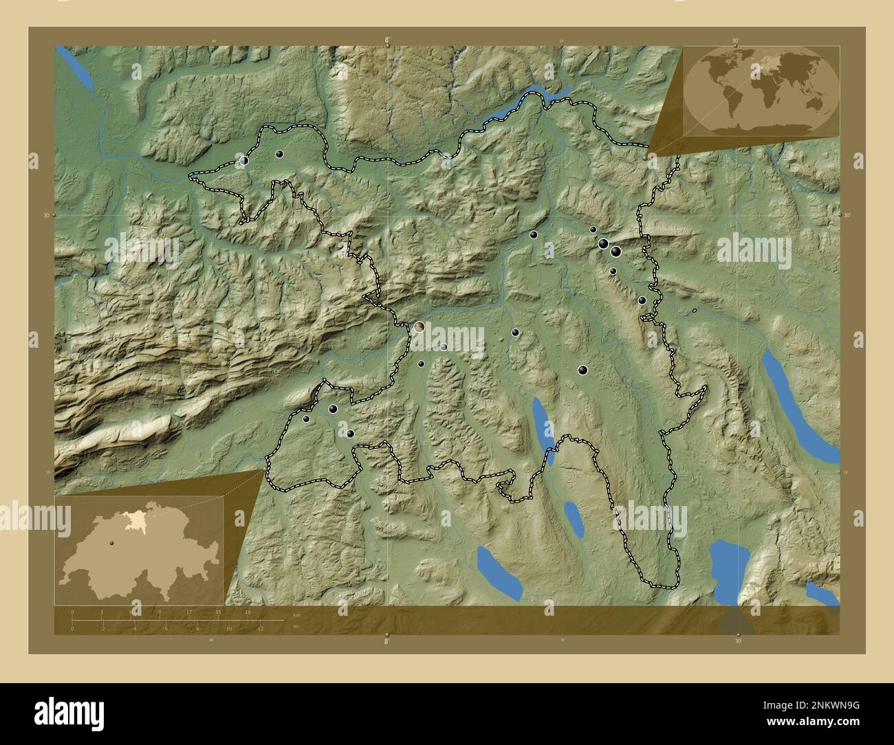 Aargau, canton of Switzerland. Colored elevation map with lakes and ...