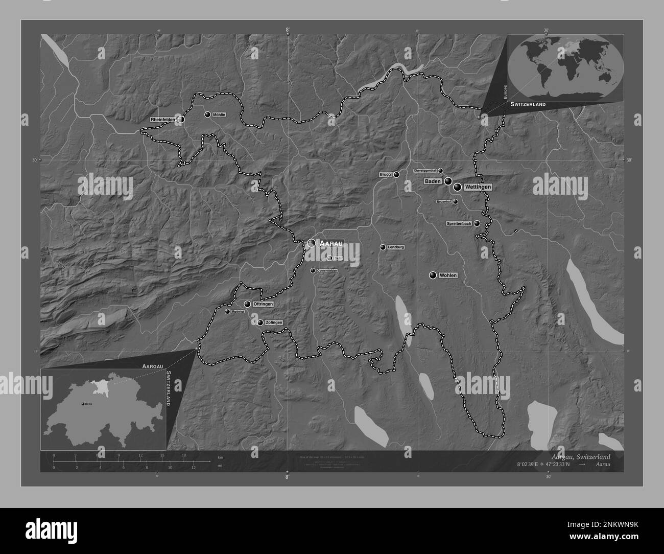 Aargau, canton of Switzerland. Bilevel elevation map with lakes and ...