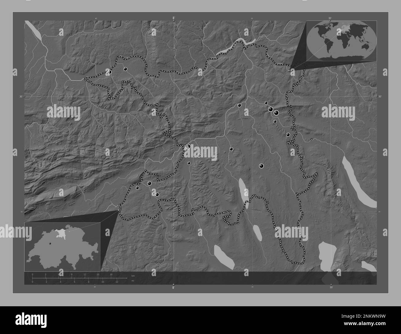 Aargau, canton of Switzerland. Bilevel elevation map with lakes and ...