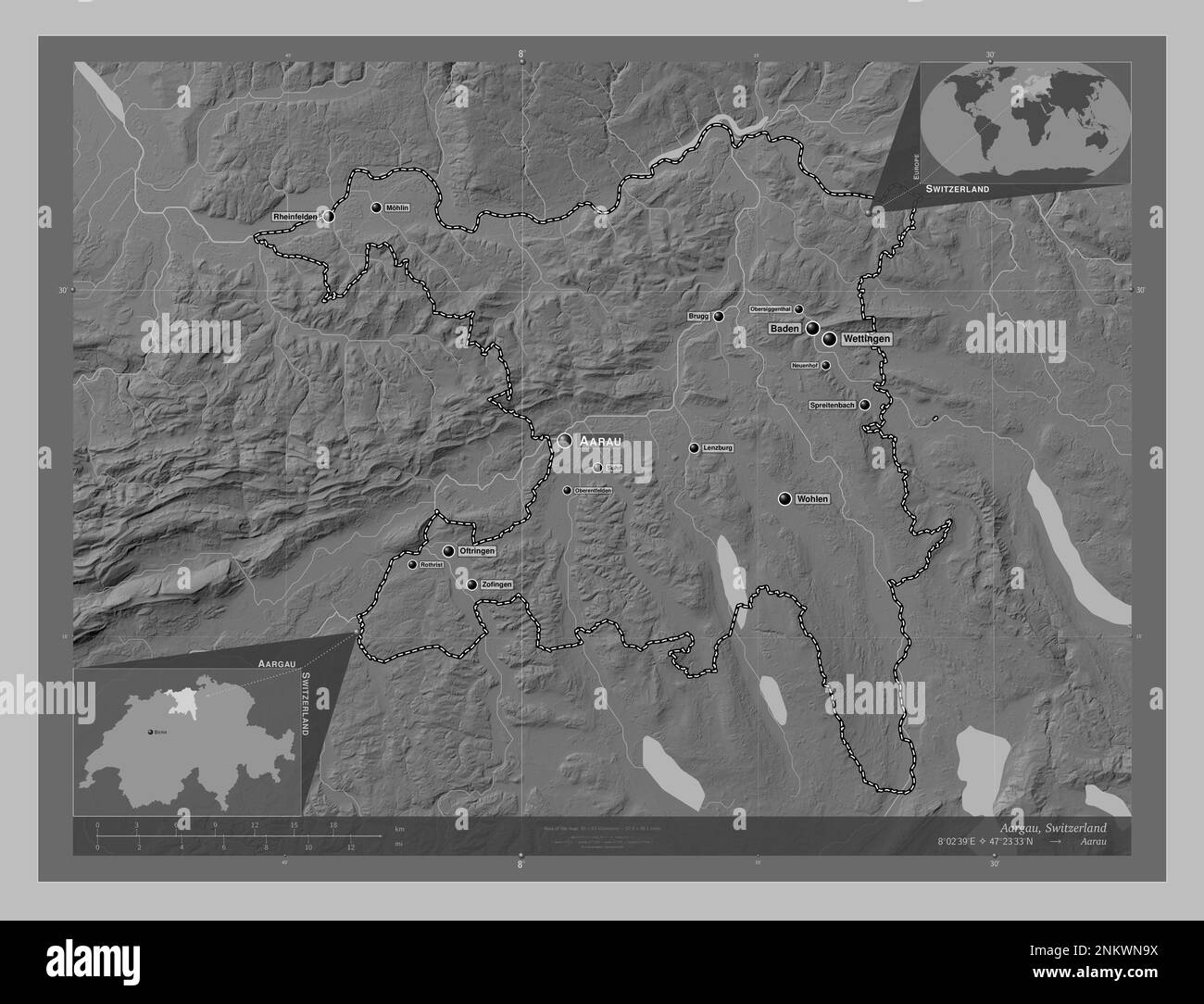 Aargau, canton of Switzerland. Grayscale elevation map with lakes and ...