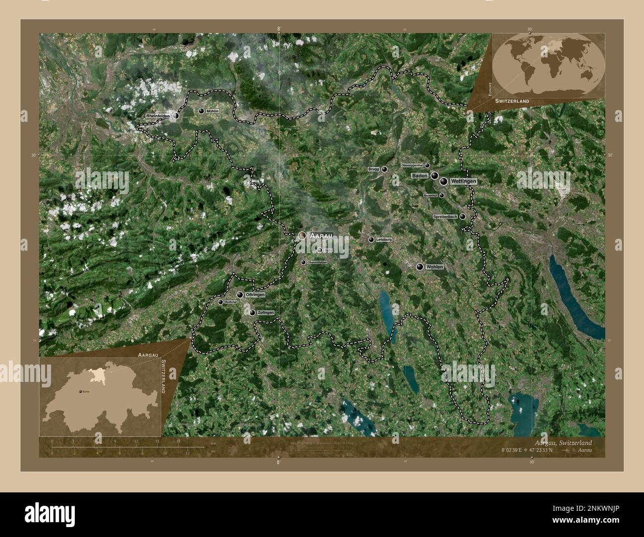 Aargau, canton of Switzerland. Low resolution satellite map. Locations ...