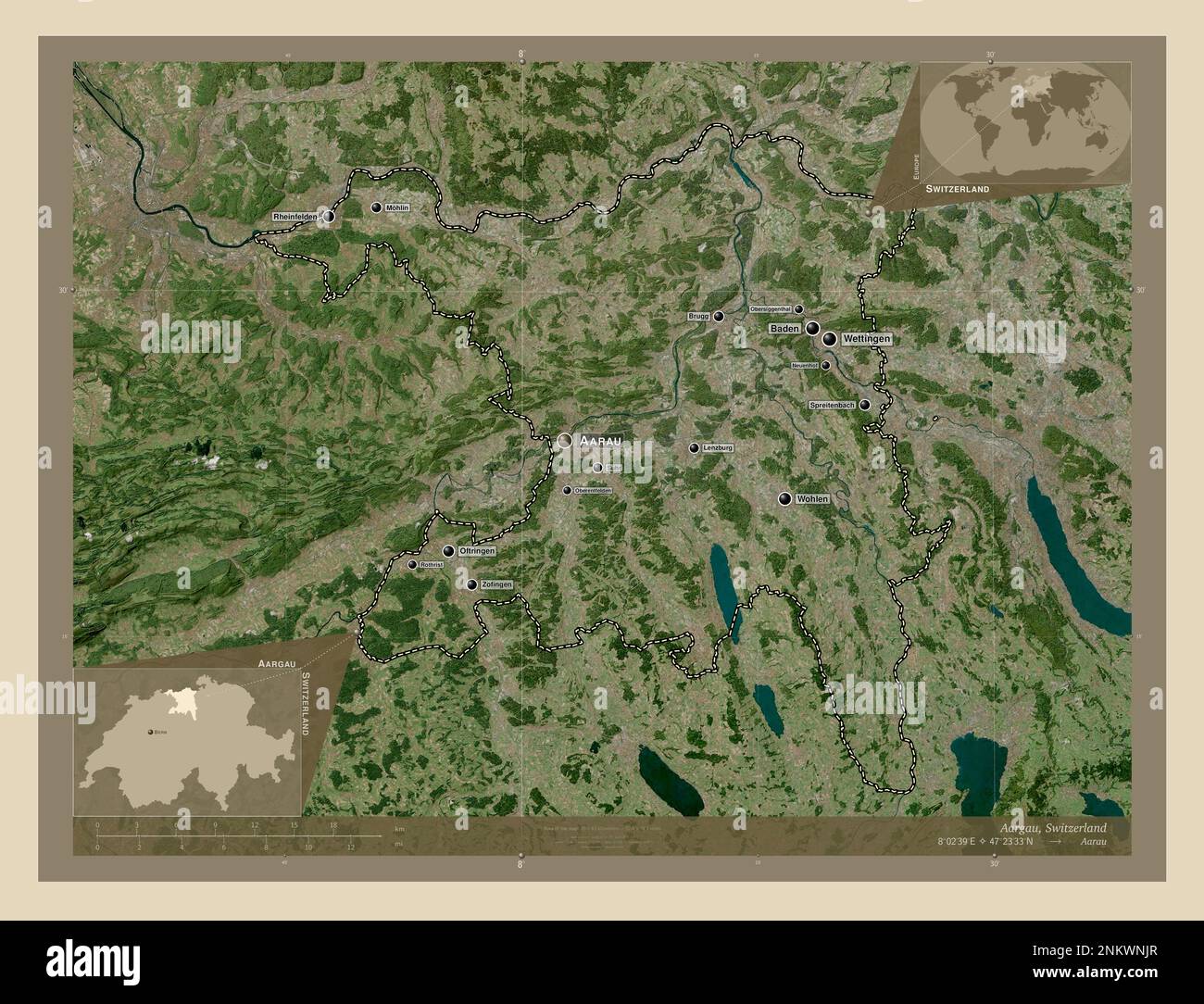 Aargau, canton of Switzerland. High resolution satellite map. Locations ...