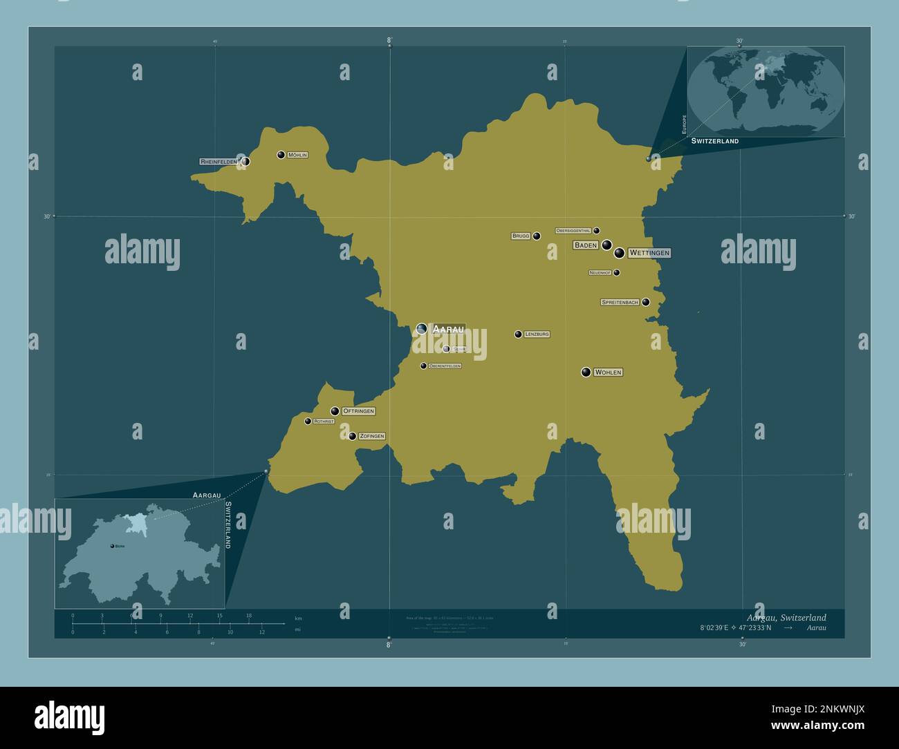 Aargau, canton of Switzerland. Solid color shape. Locations and names ...