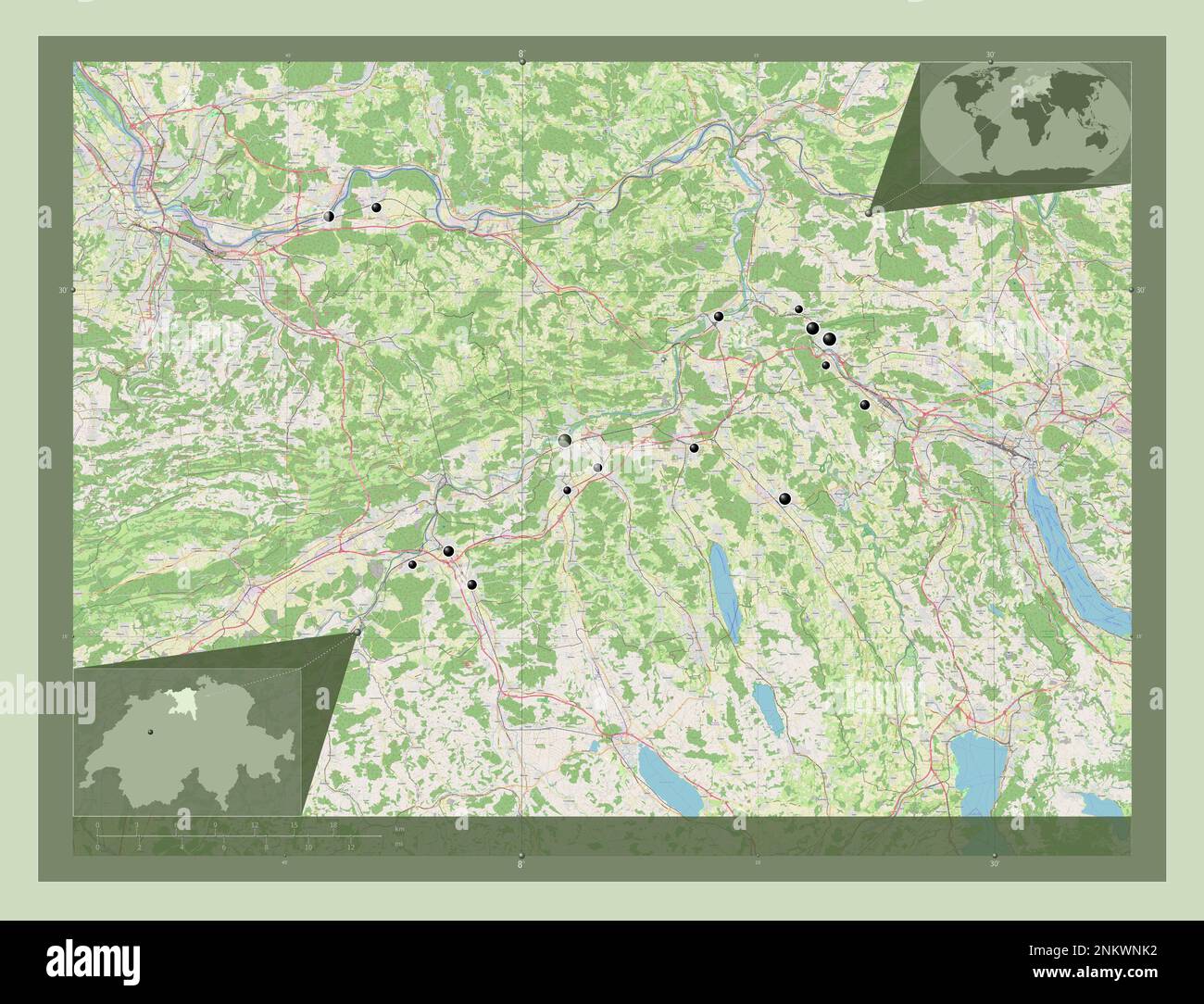 Aargau, canton of Switzerland. Open Street Map. Locations of major ...