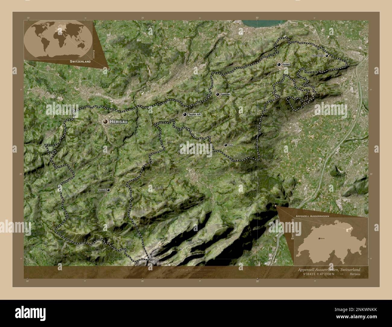 Appenzell Ausserrhoden, canton of Switzerland. Low resolution satellite ...