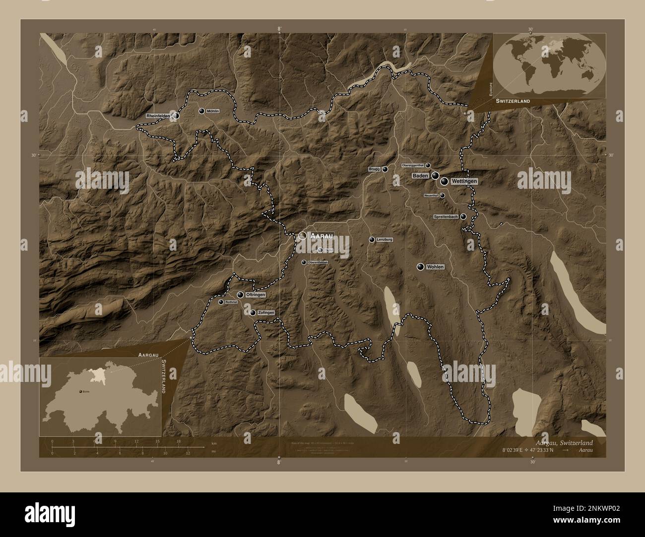 Aargau, canton of Switzerland. Elevation map colored in sepia tones ...