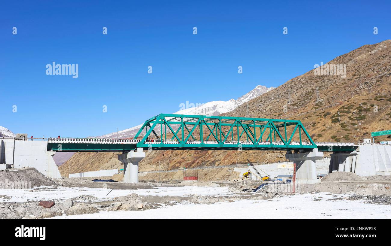 INDIA, HIMACHAL PRADESH, SISSU, November 2022,View of Chandra Bridge Build on the Chenab River ...