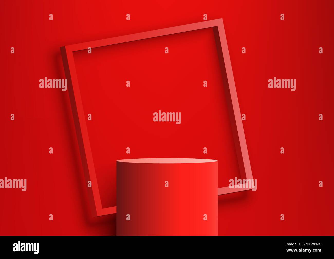 3D realistic modern red cylinder podium stand with red square frame ...