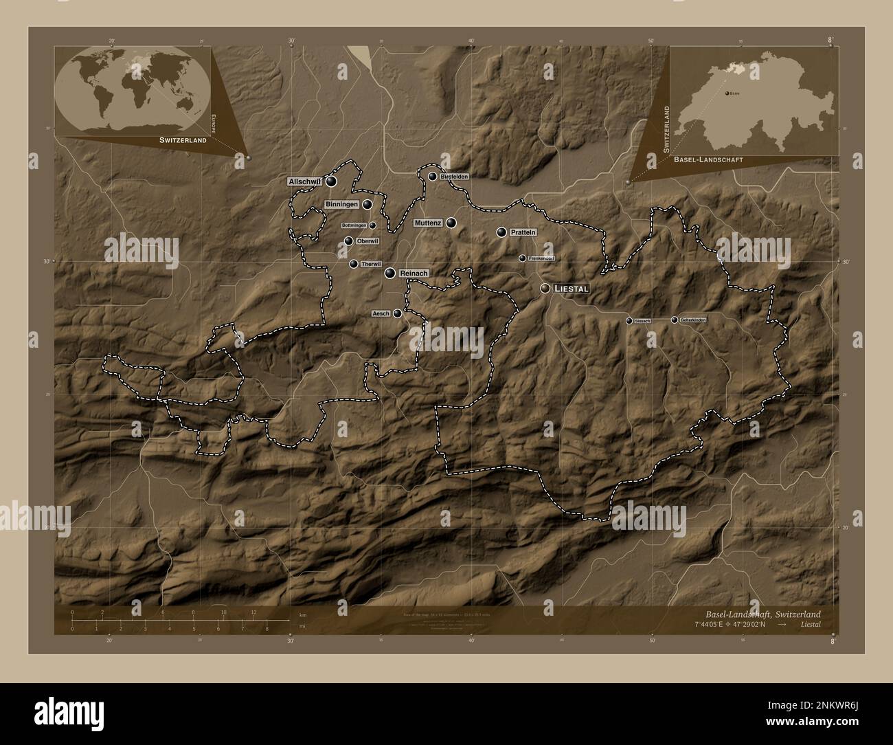 Basel-Landschaft, canton of Switzerland. Elevation map colored in sepia ...