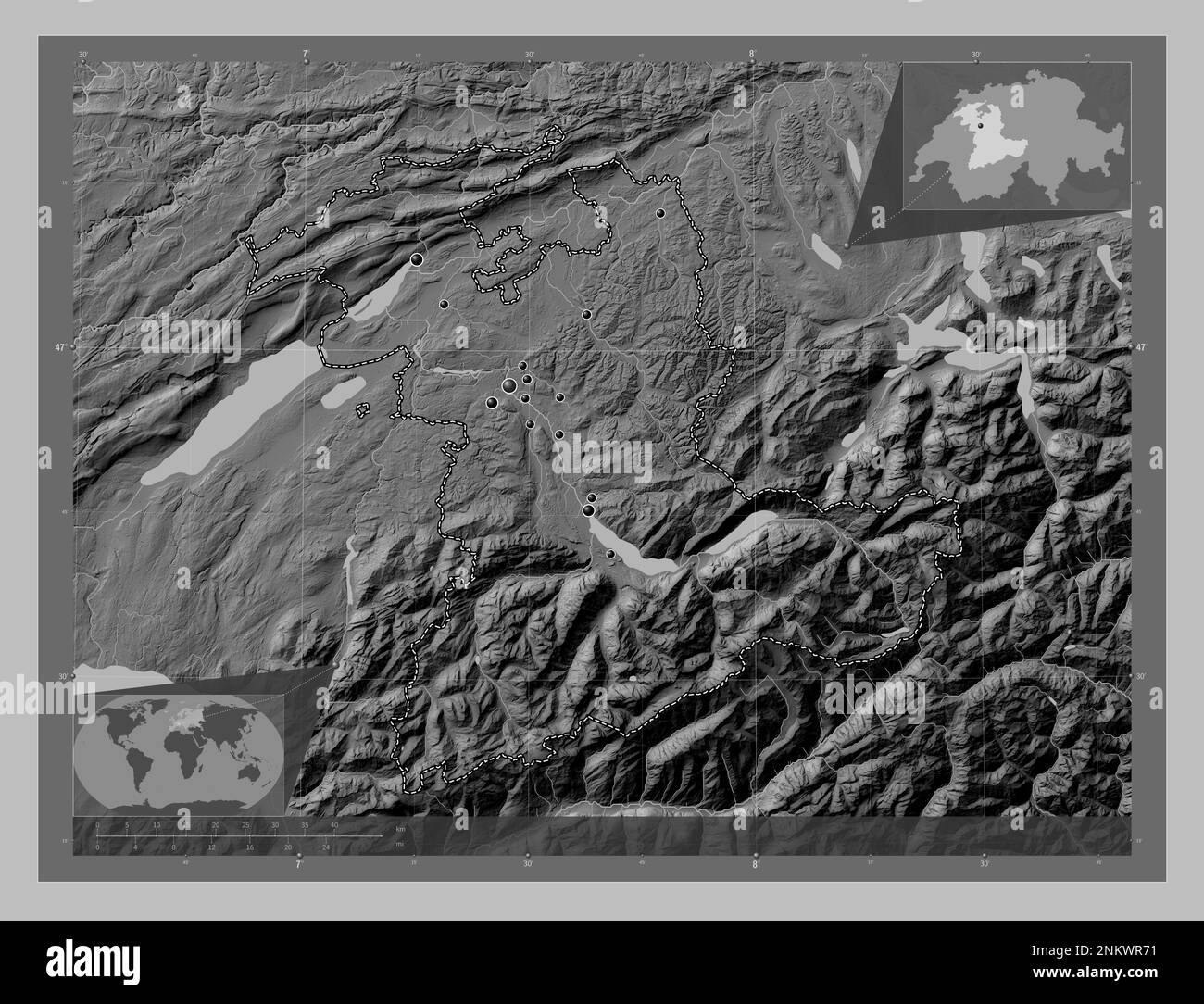 Bern, canton of Switzerland. Grayscale elevation map with lakes and ...