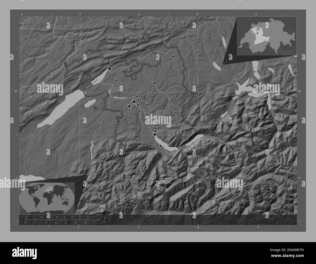 Bern, canton of Switzerland. Bilevel elevation map with lakes and ...