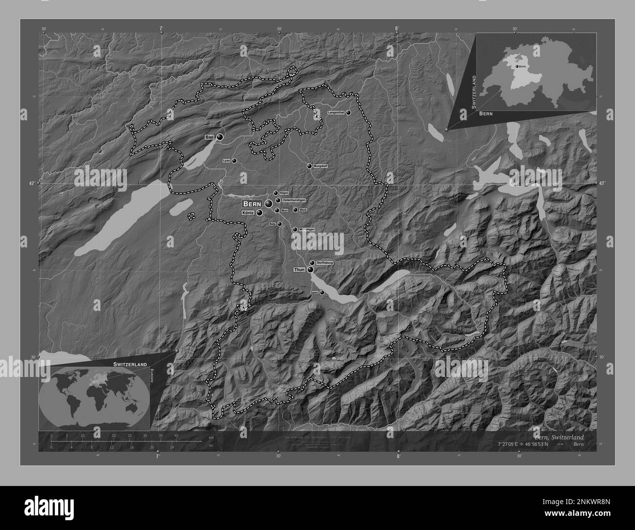 Bern, canton of Switzerland. Bilevel elevation map with lakes and ...