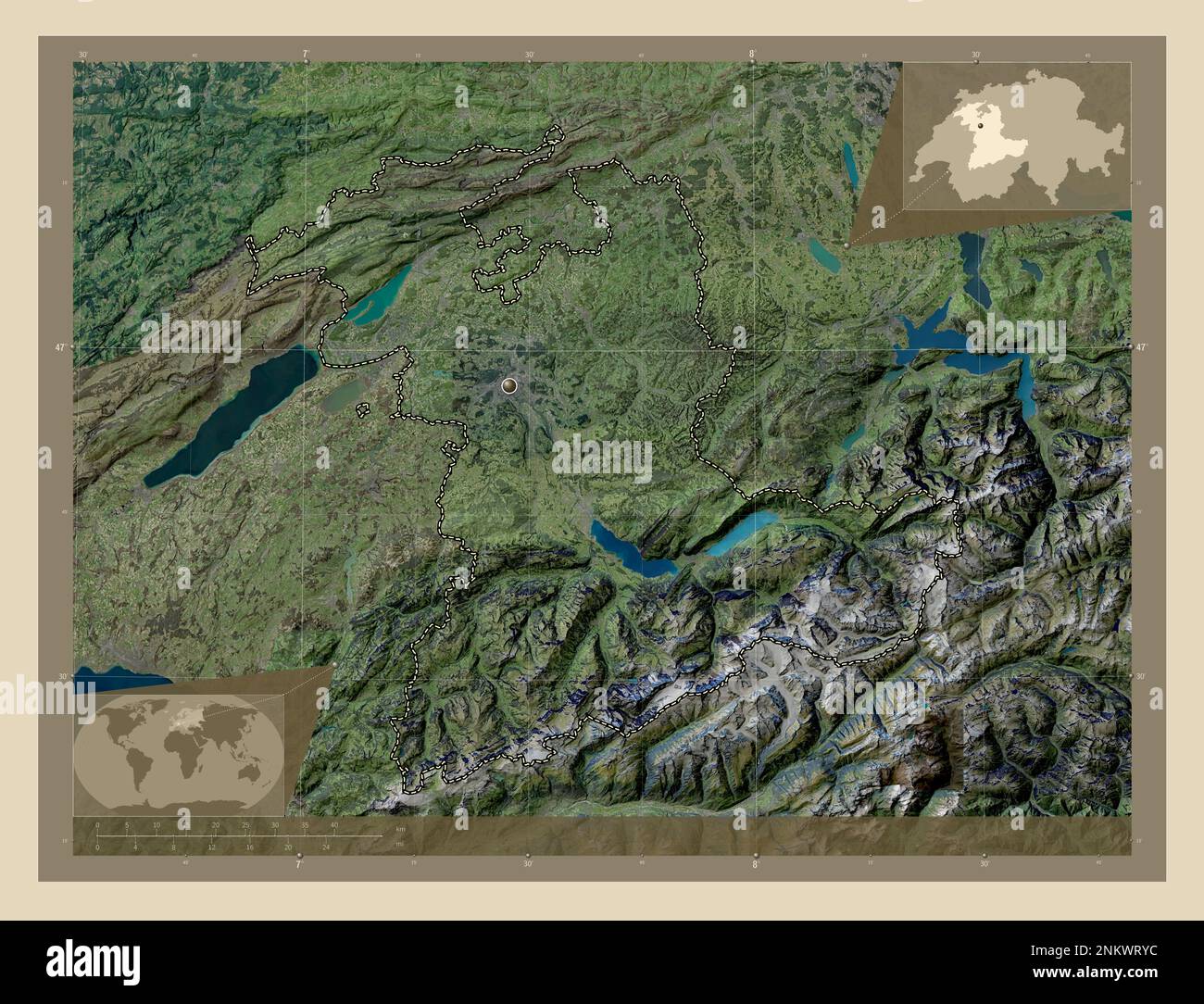 Bern, canton of Switzerland. High resolution satellite map. Corner ...