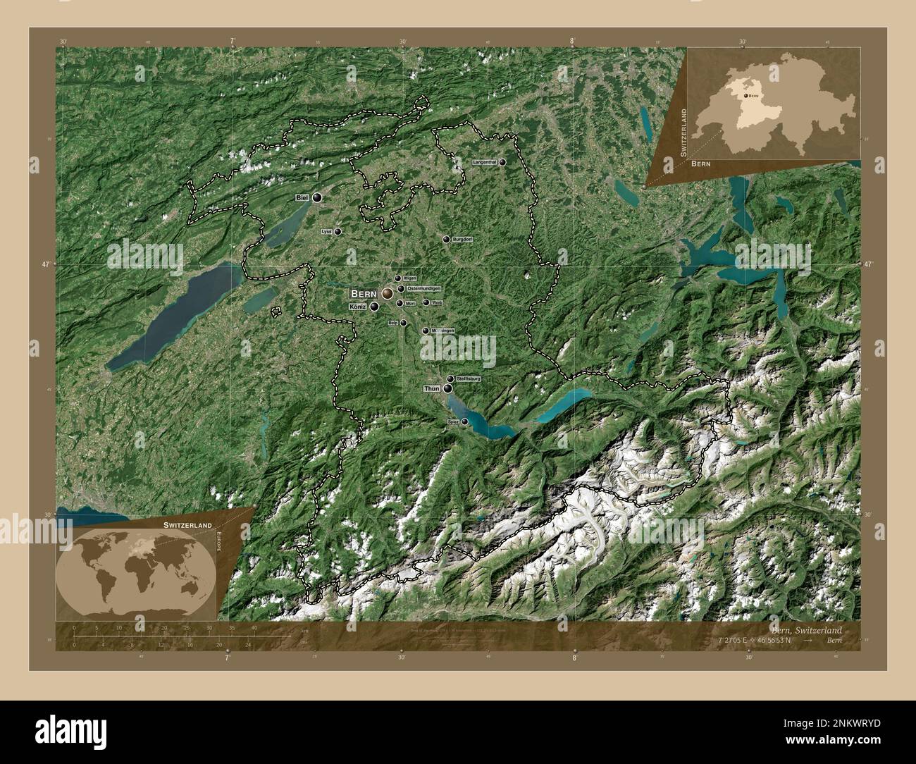 Bern, canton of Switzerland. Low resolution satellite map. Locations ...