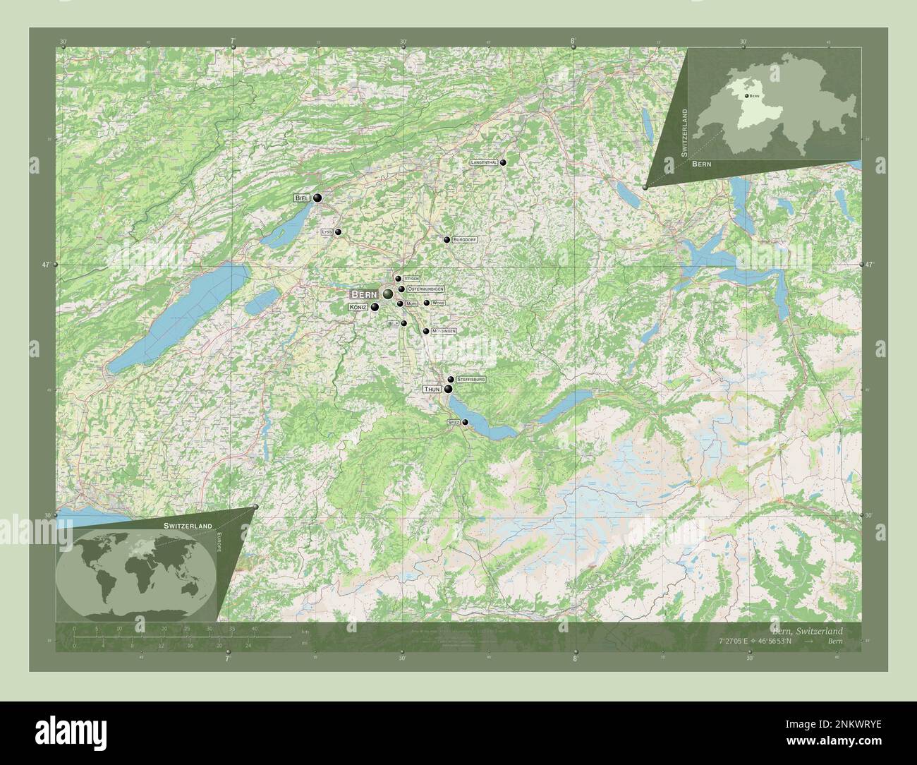 Bern, canton of Switzerland. Open Street Map. Locations and names of ...