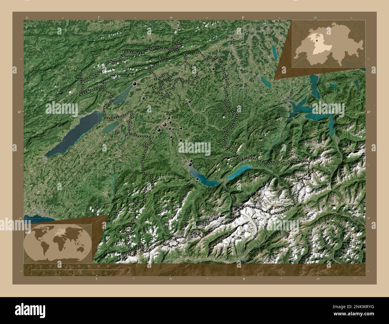 Bern, canton of Switzerland. Low resolution satellite map. Locations of ...