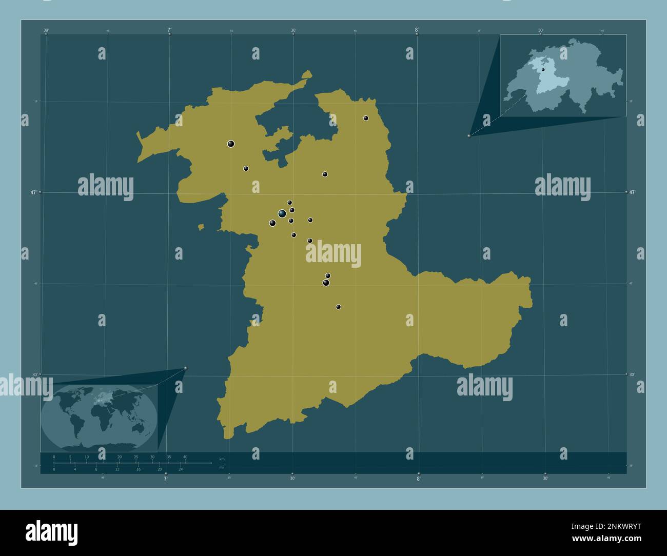 Bern, canton of Switzerland. Solid color shape. Locations of major ...