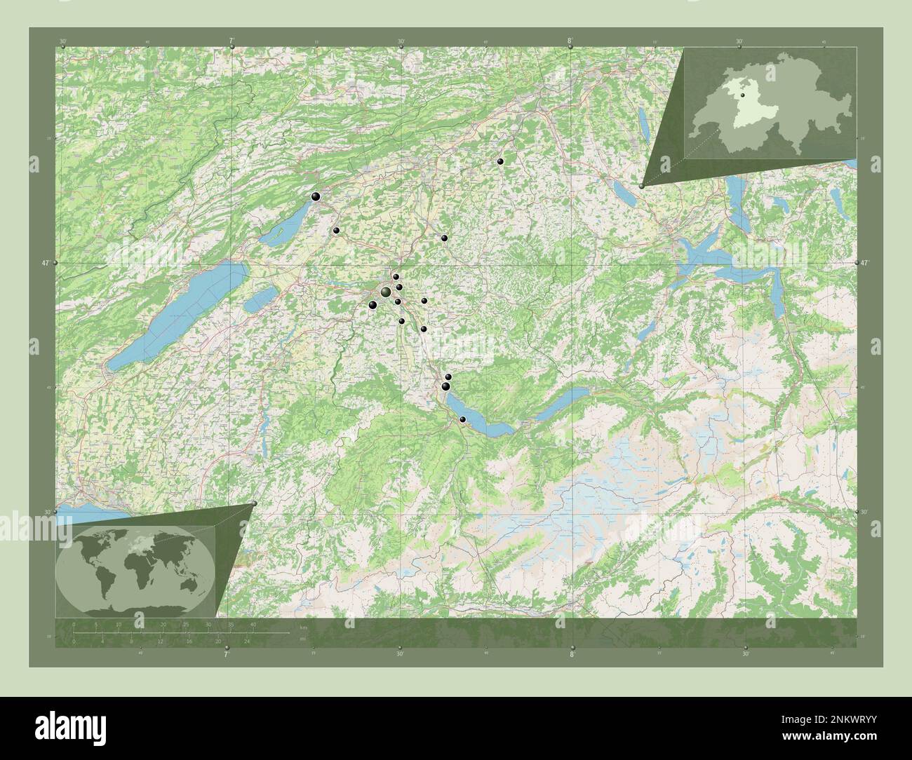 Bern, canton of Switzerland. Open Street Map. Locations of major cities ...