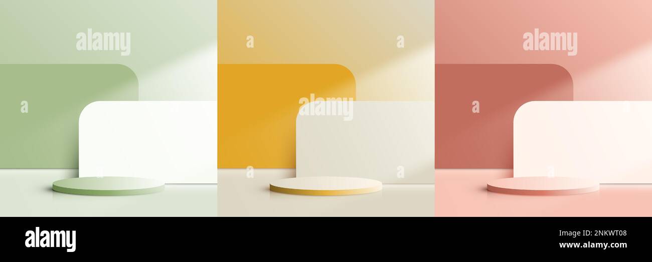 Set of 3D realistic modern green, yellow, pink pastels colors cylinder ...
