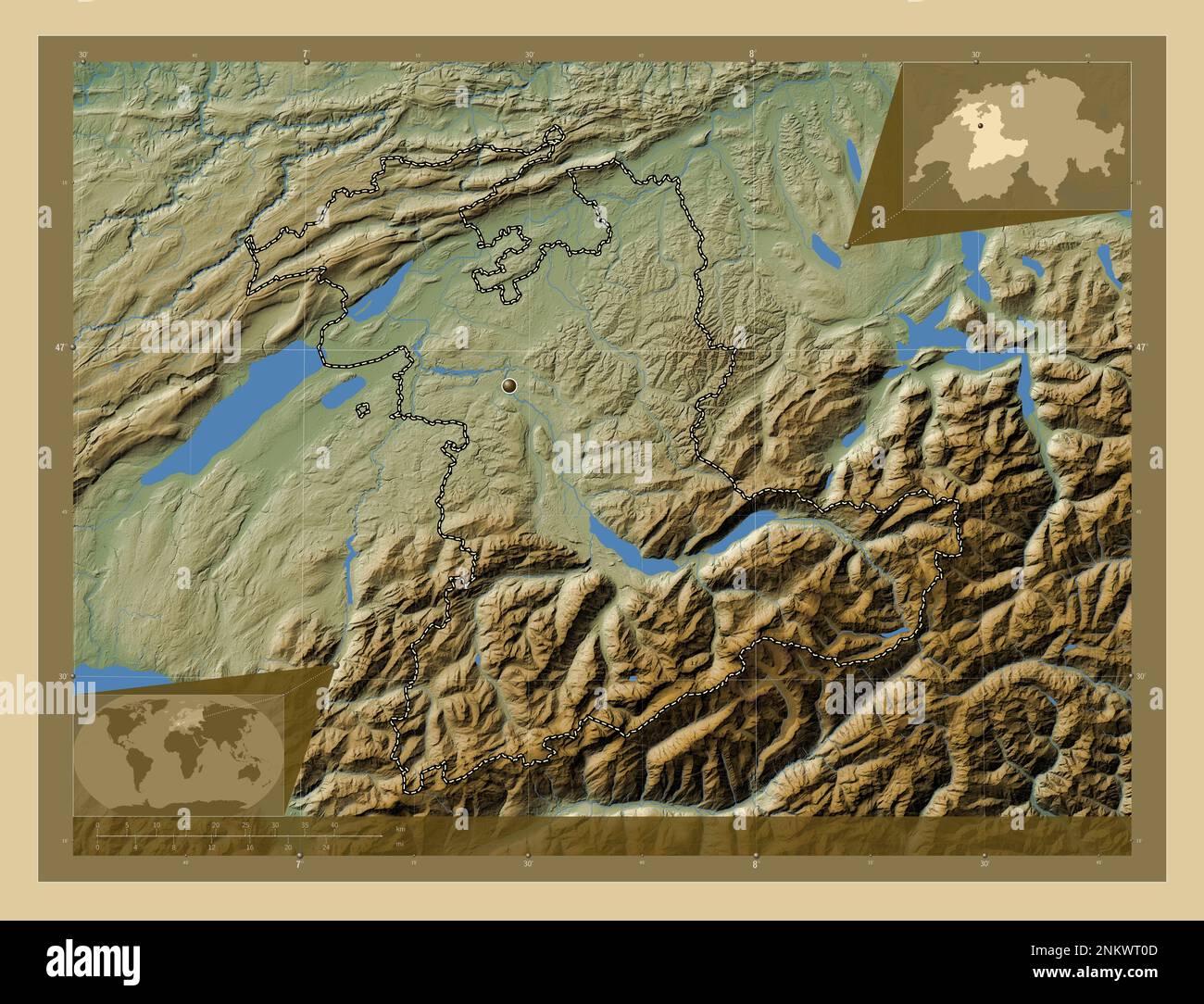 Bern, canton of Switzerland. Colored elevation map with lakes and ...