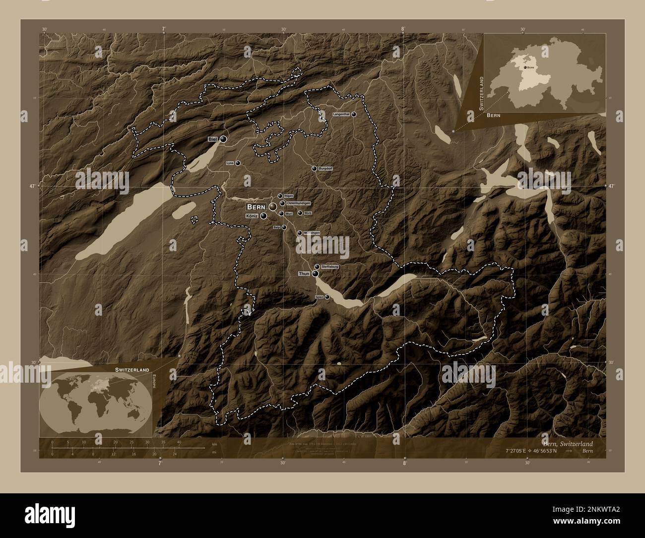 Bern, canton of Switzerland. Elevation map colored in sepia tones with ...