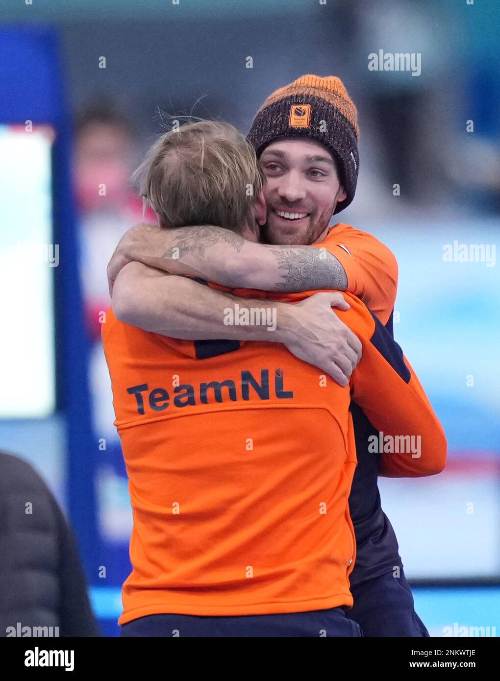 Kjeld NUIS of the Netherlands hugs his coach after winning the Men's ...
