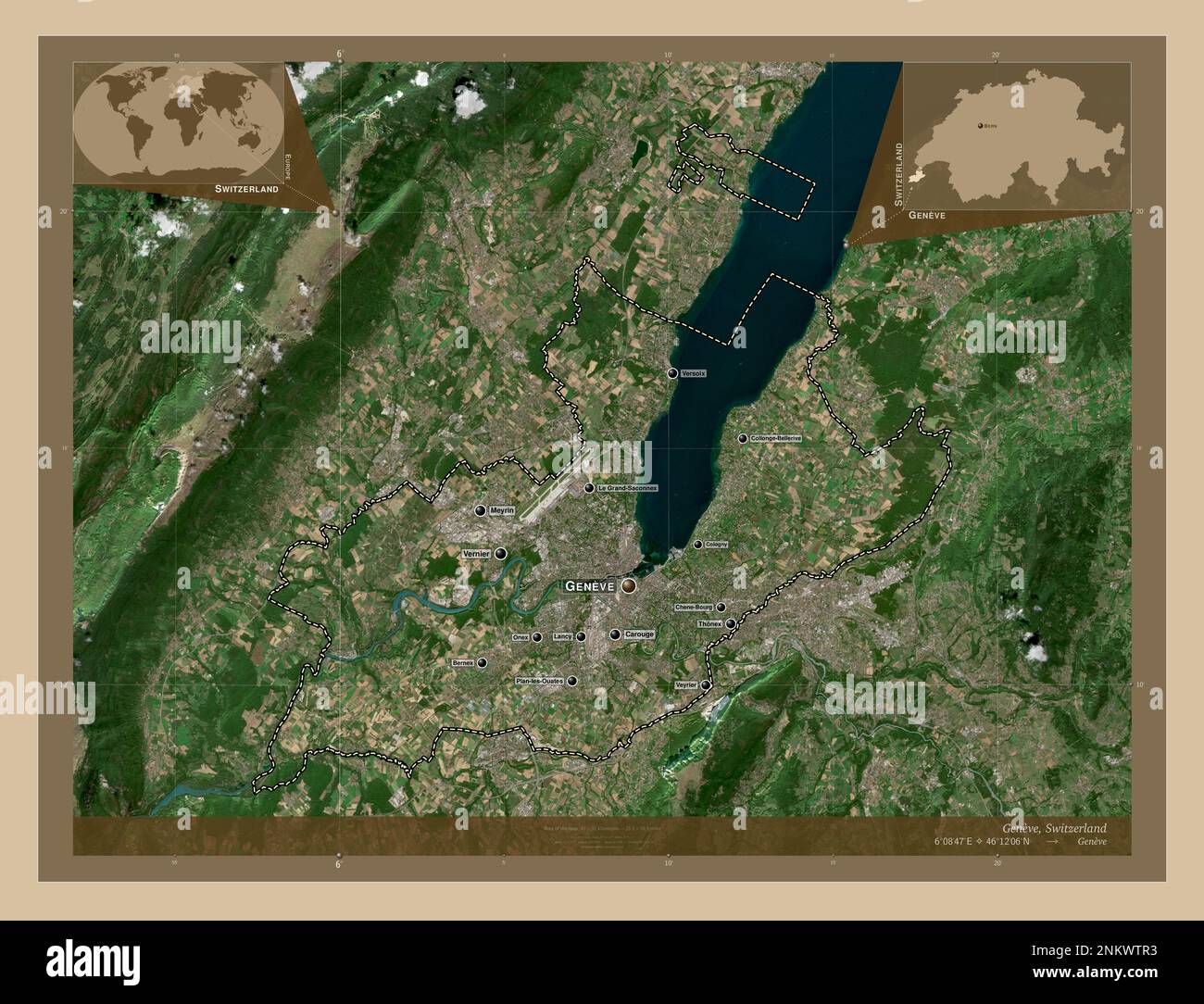 Geneve, canton of Switzerland. Low resolution satellite map. Locations ...